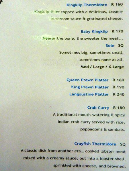 Menu at Mariners Seafood restaurant, Richards Bay