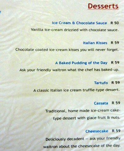 Menu at Mariners Seafood restaurant, Richards Bay