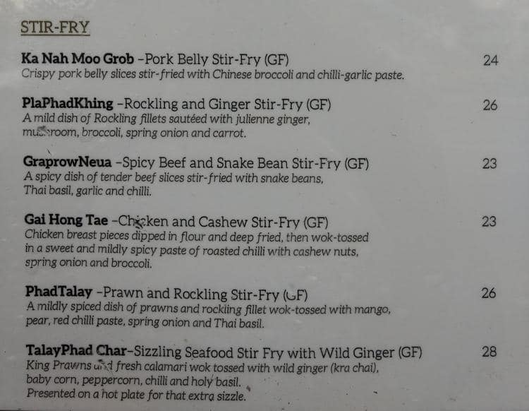 Menu at Saychol Thai restaurant, Kew East