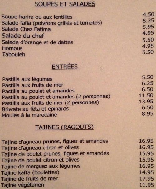 Menu au Chez Fatima restaurant, Gatineau
