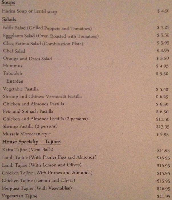 Menu at Chez Fatima restaurant, Gatineau