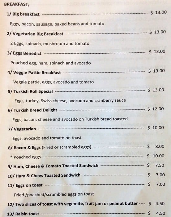 Menu at Memoria Cafe, East Melbourne