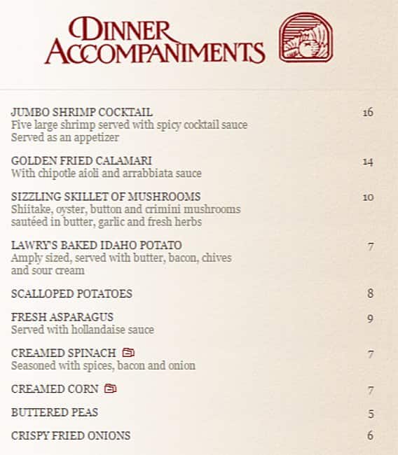 Menu at Lawry's The Prime Rib steakhouse, Chicago