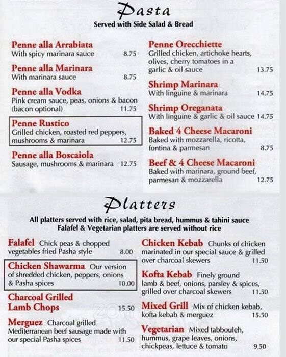 Menu at Pasha Pizza pizzeria, New York City