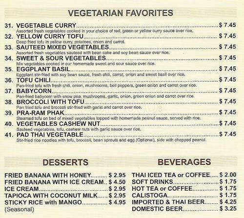 Menu at Thai Satay restaurant, San Mateo