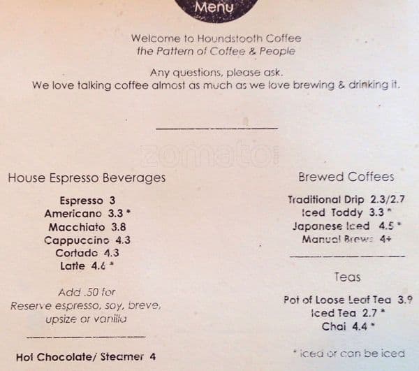 Menu at Houndstooth Coffee cafe, Dallas, N Henderson Ave