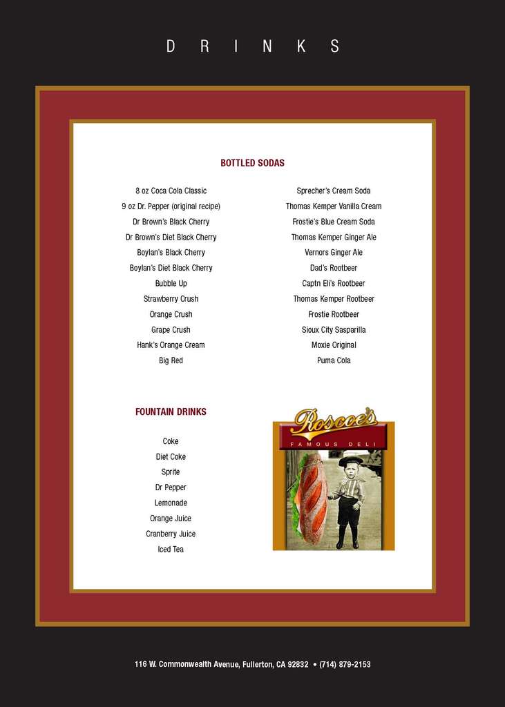 Menu at Roscoe's Famous Deli restaurant, Fullerton