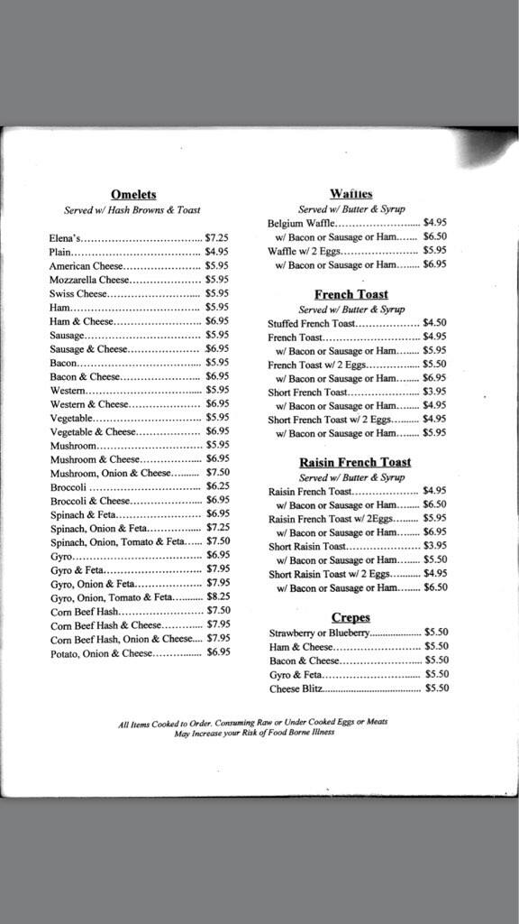 Menu at Elena's Restaurant, Punta Gorda