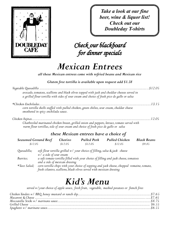 Menu at Doubleday Cafe, Cooperstown