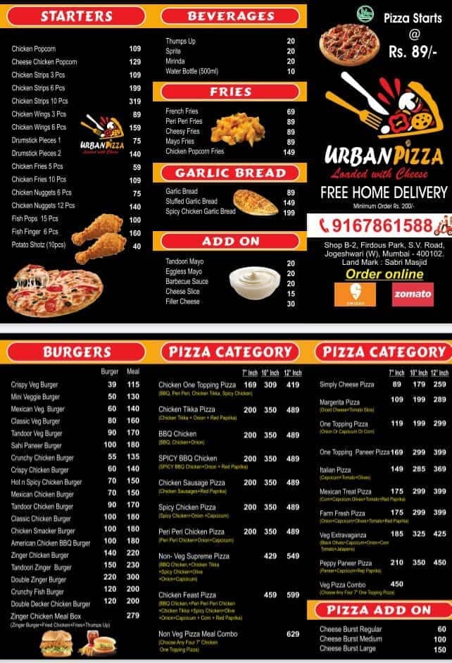 Menu of Urban Pizza, Jogeshwari, Mumbai