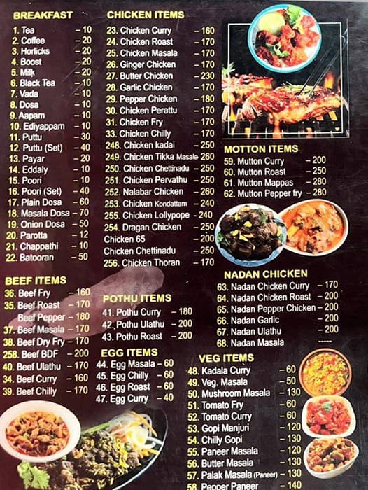 Menu of Kalavara Restaurant, Mannanthala, Trivandrum