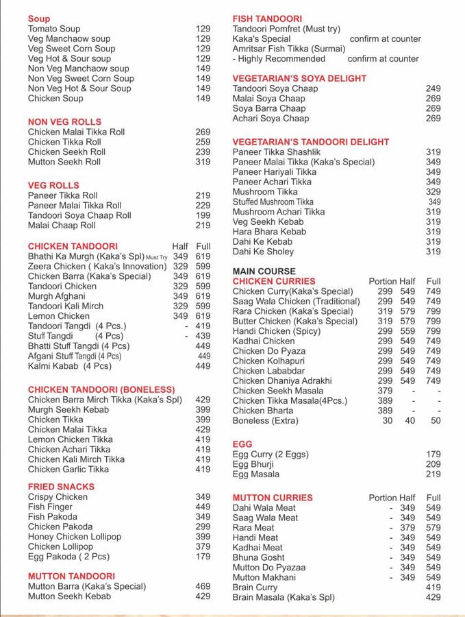Menu of Kake Da Hotel Since 1931, Sector 28, Chandigarh
