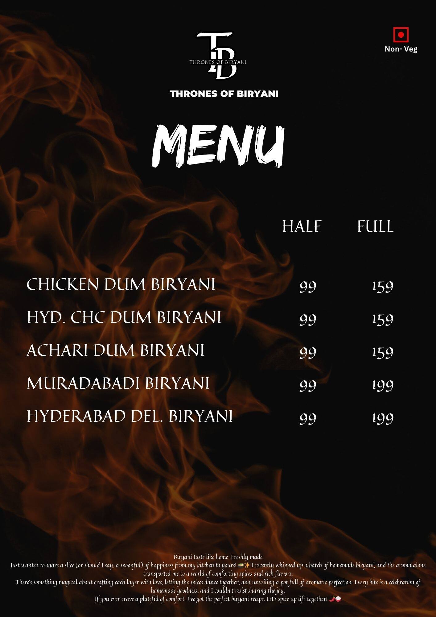 Menu of Thrones Of Biryani, Mahakali, Mumbai
