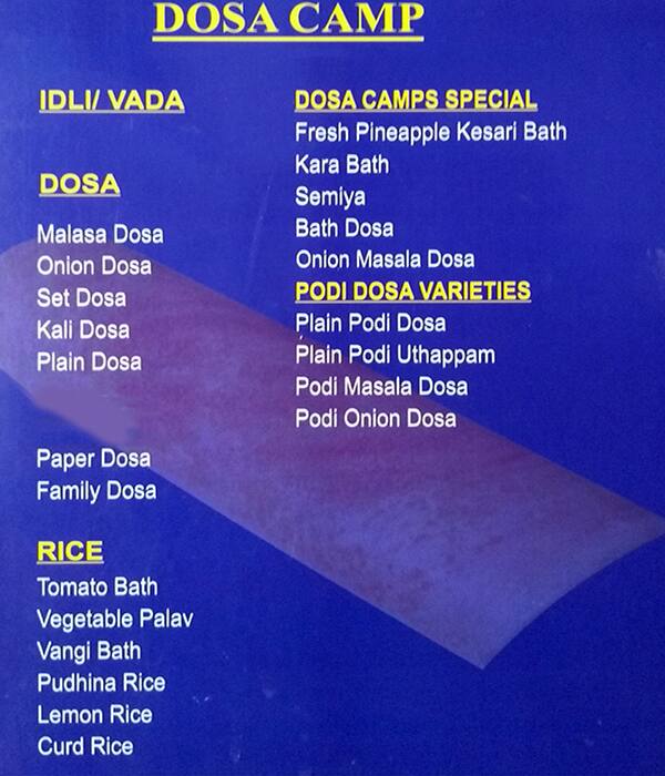 Menu at RK Dosa Camp, Bengaluru