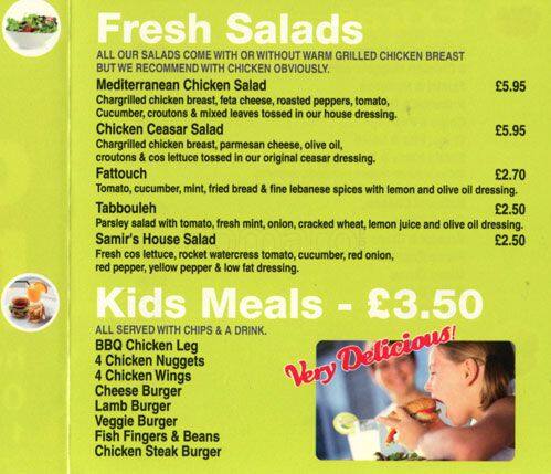 Menu at Samir's Kebab BBQ, London