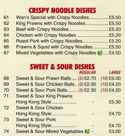 Menu at Wan's fast food, London