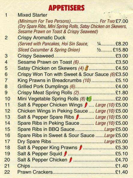 Menu at Wan's fast food, London
