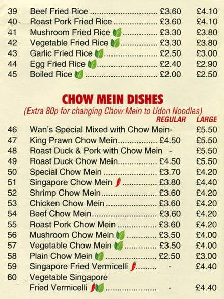 Menu at Wan's fast food, London