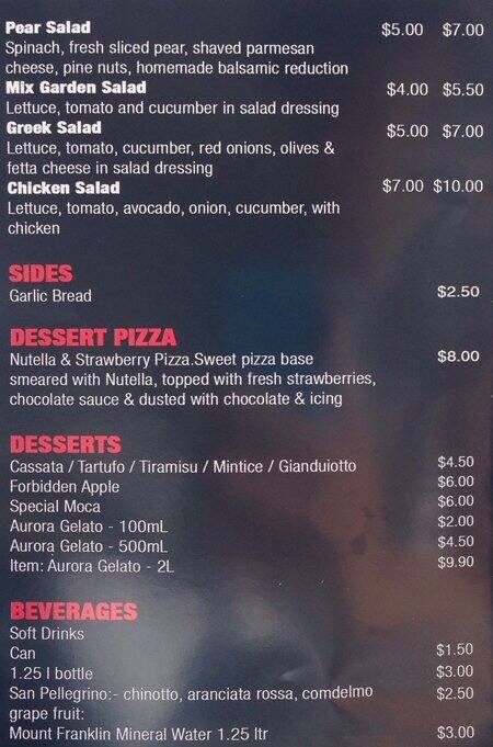 Menu at Pizza Del Sole pizzeria, Yarraville