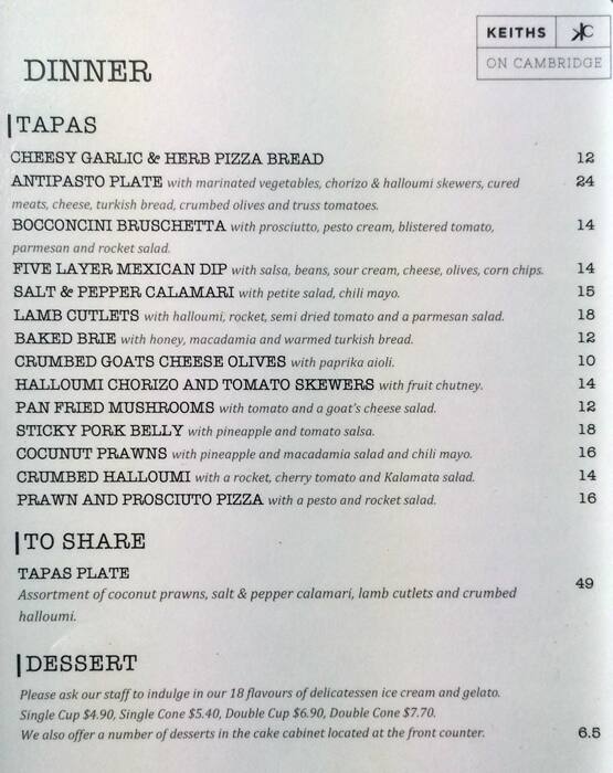Menu at Keith's on Cambridge restaurant, Manly, 10 Cambridge Parade