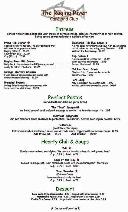 Menu at Raging River Cafe, Fall City