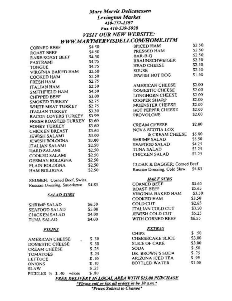 Menu at Mary Mervis Delicatessen, Baltimore