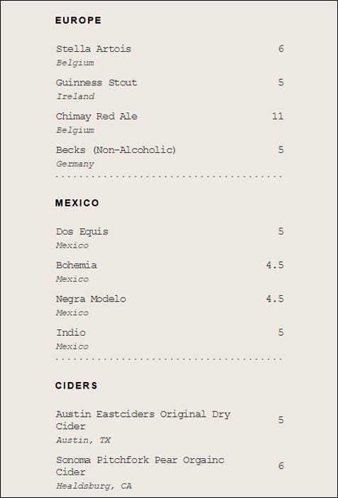 Menu at Liberty Bar, San Antonio, S Alamo St