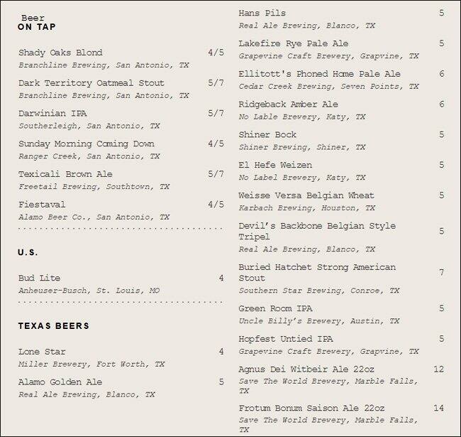 Menu at Liberty Bar, San Antonio, S Alamo St