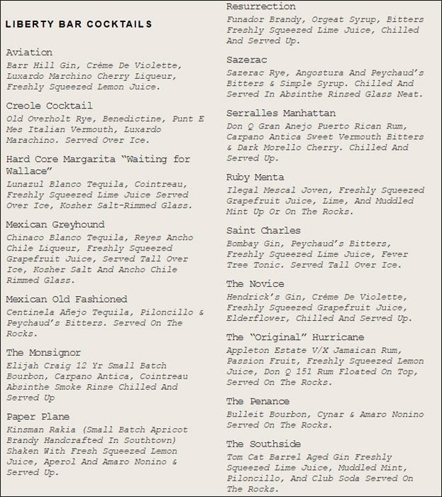 Menu at Liberty Bar, San Antonio, S Alamo St
