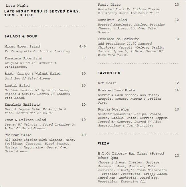Menu at Liberty Bar, San Antonio, S Alamo St