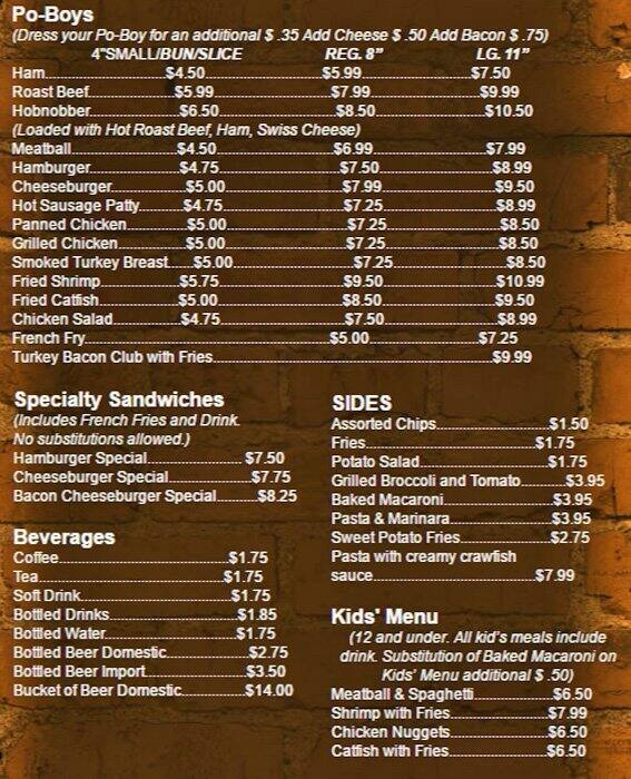 Menu at Hobnobber Cafe, Metairie