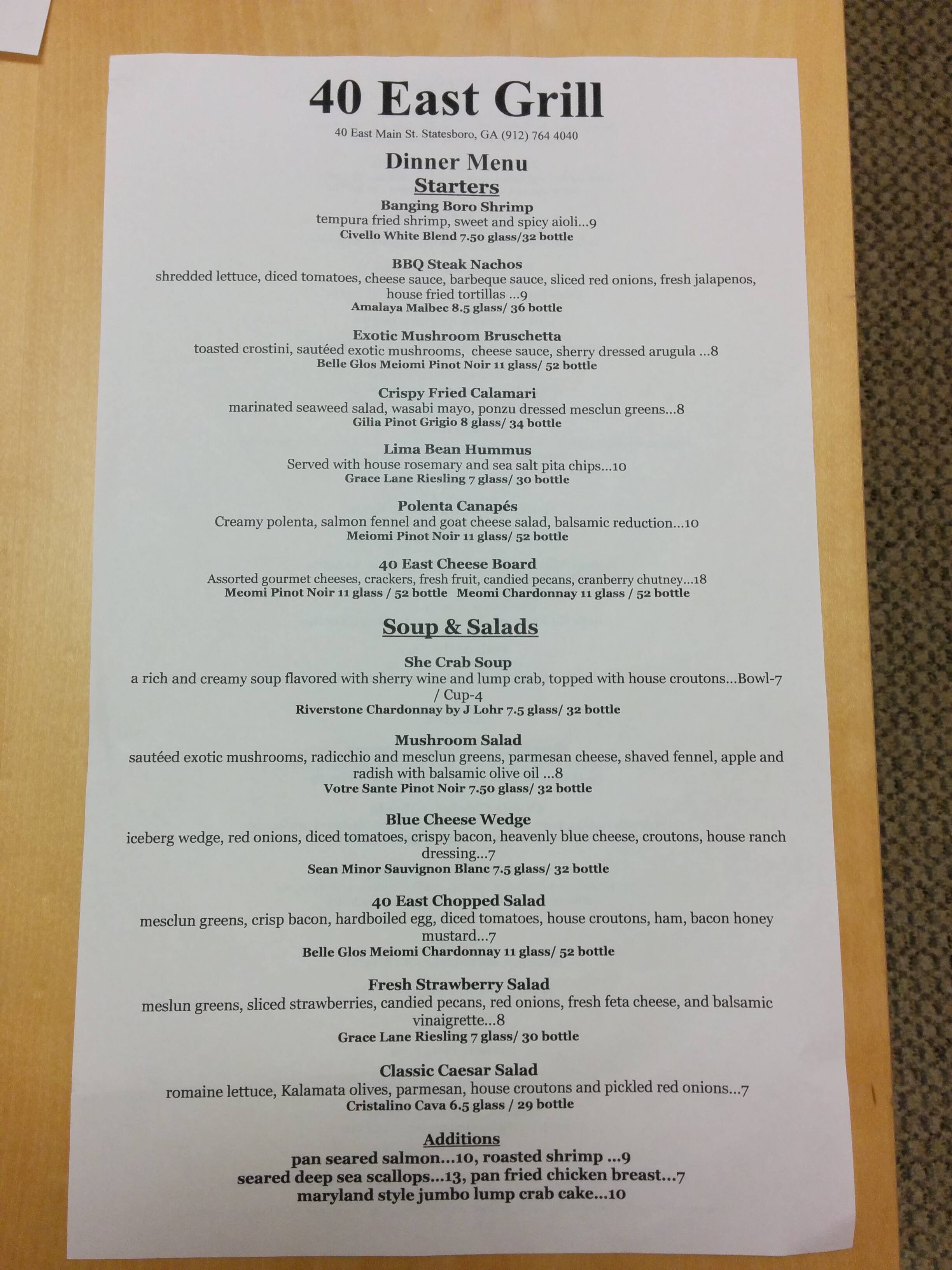 Menu at 40 East Grill pub & bar, Statesboro