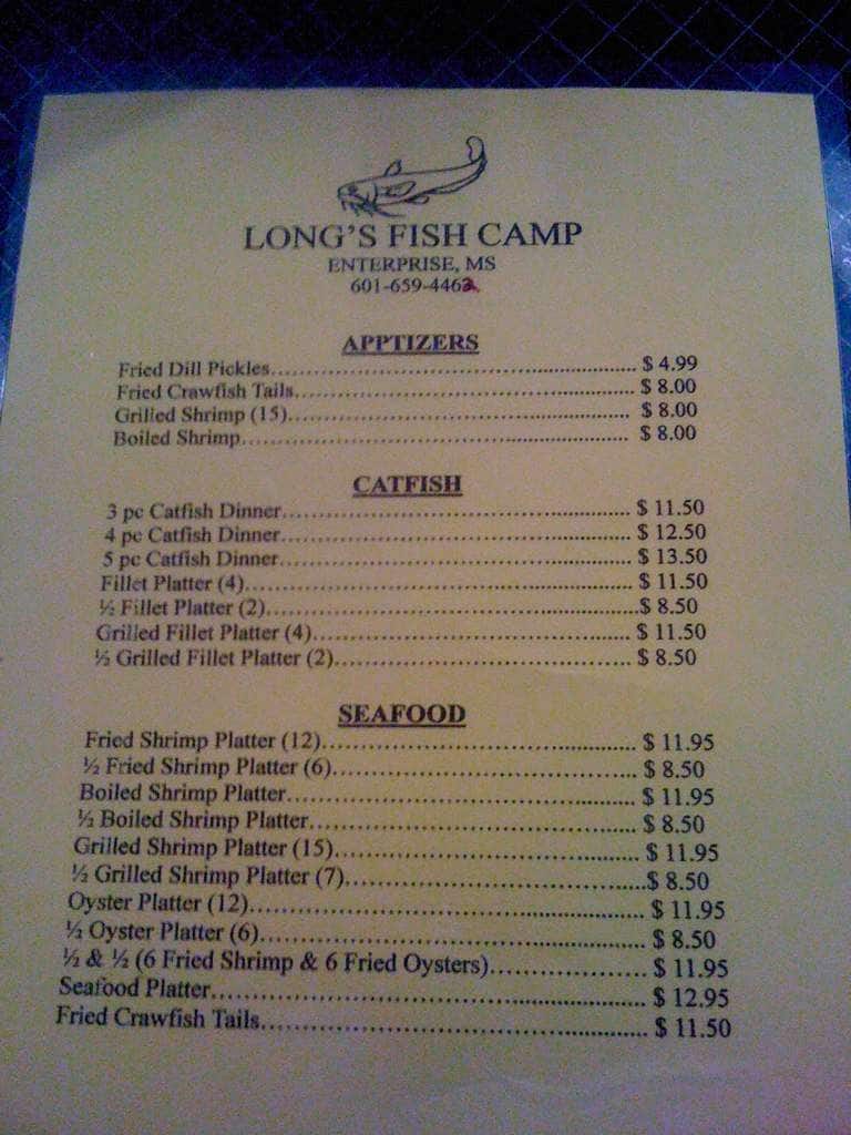 Menu at Long's Fish Camp restaurant, Enterprise