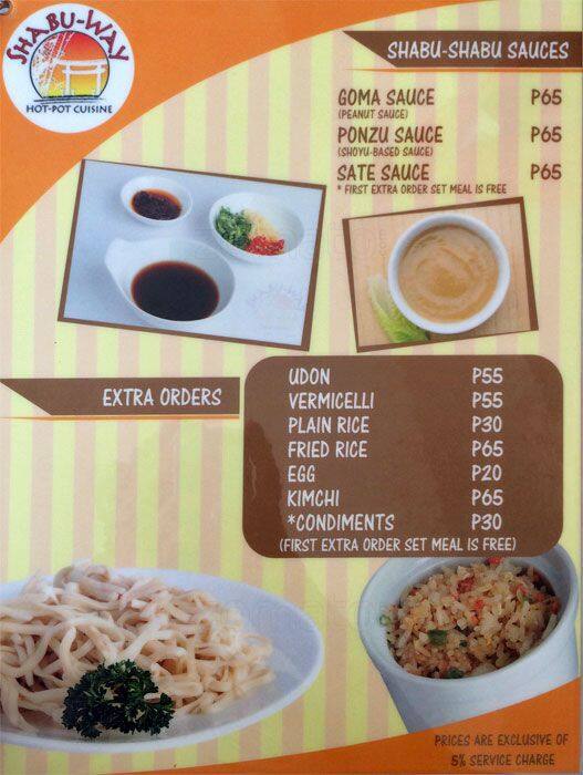Menu at Shabu-Way restaurant, Cebu City