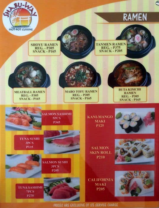 Menu at Shabu-Way restaurant, Cebu City