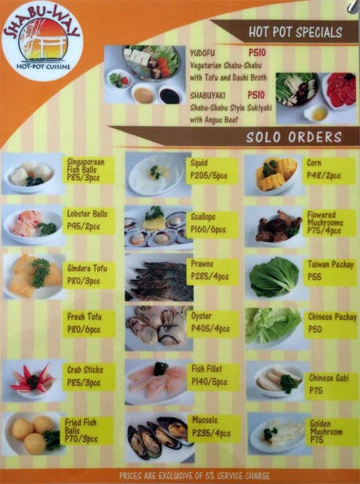 Menu at Shabu-Way restaurant, Cebu City