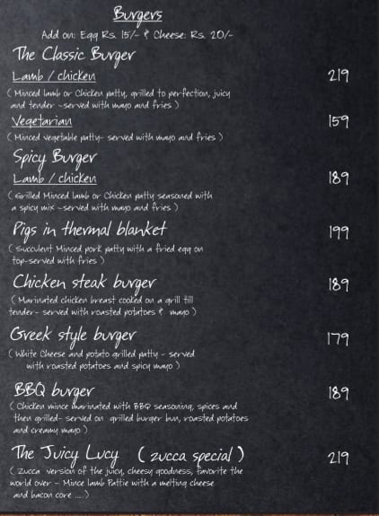 Menu at Zucca Redefined, Bengaluru