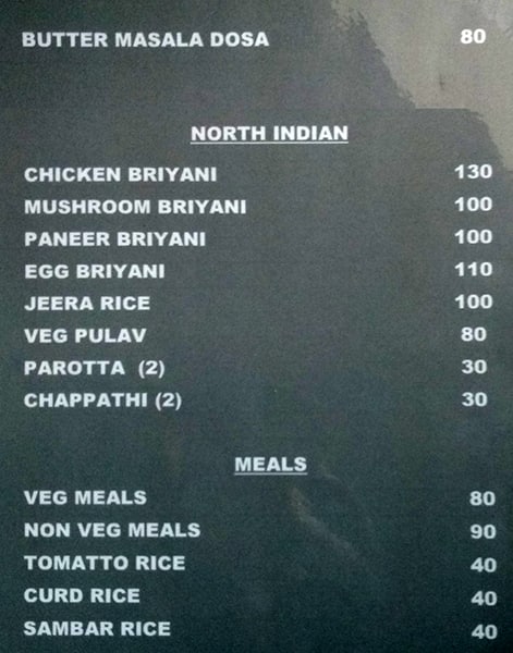 Menu at VSP Canteen, Kattankulathur