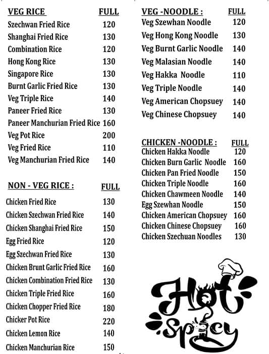 Menu at Hot and Spicy Chinese restaurant, Virar
