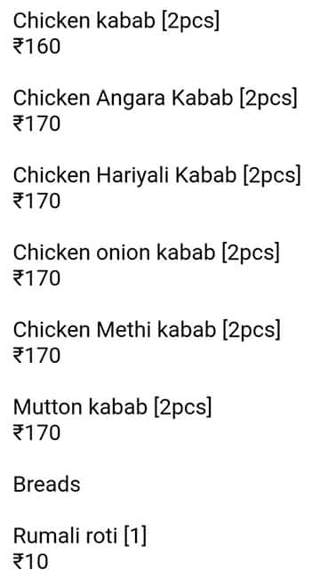 Menu of Kabab, Rohini, New Delhi