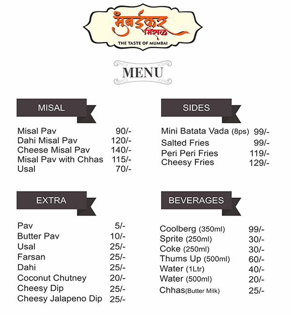 Menu of Mumbaikar Misal, Mira Road, Mumbai
