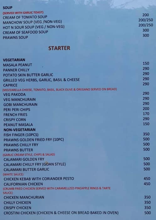 Menu of Indian Summer Of Goa Restro, Baga, Goa