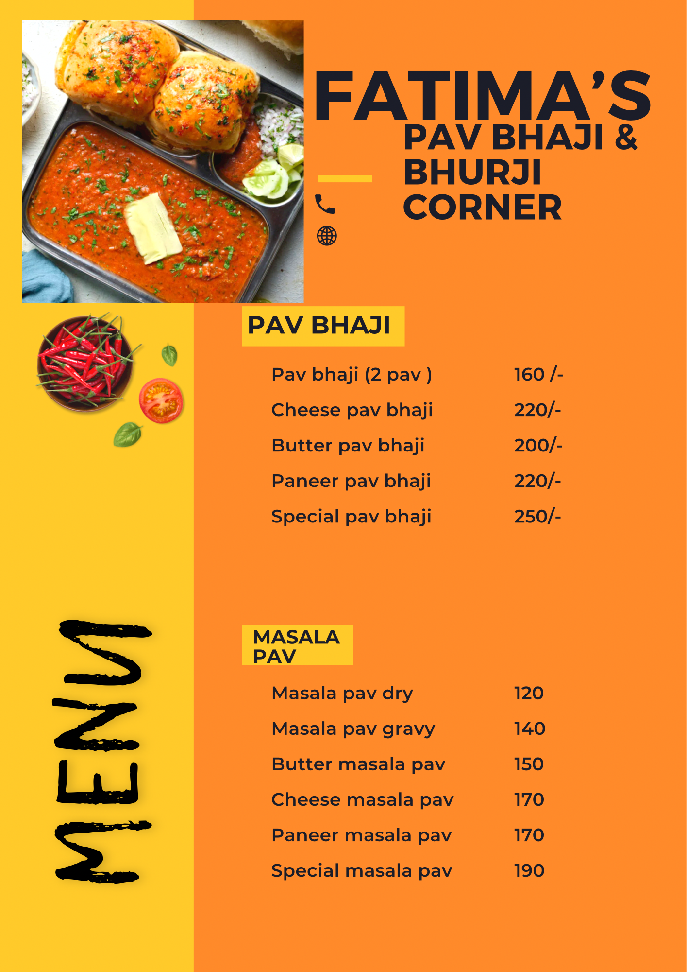 Menu of Fatima’s Pav Bhaji And Bhurji Corner, Versova, Andheri West, Mumbai