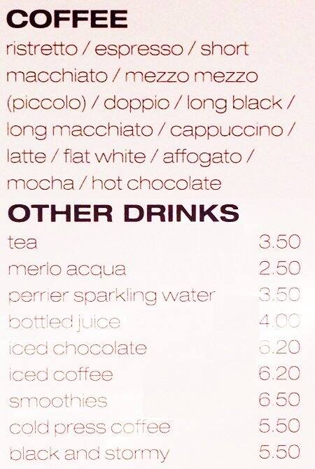 Menu at Merlo restaurant, Brisbane City