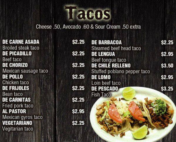 Menu at Lazo's Tacos restaurant, Chicago