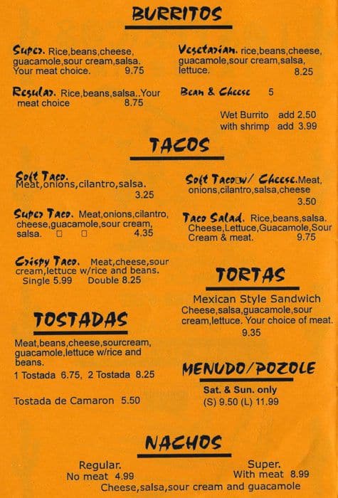 Menu at Taqueria Los Pericos restaurant, Dublin