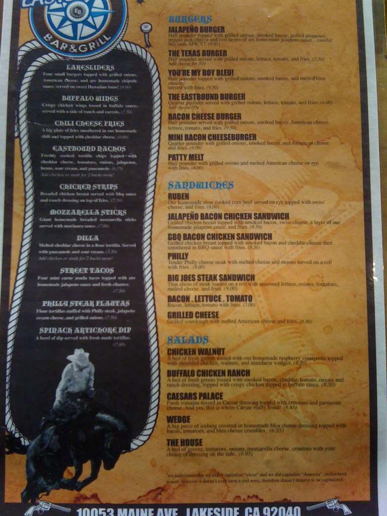 Menu at Eastbound Bar & Grill, Lakeside