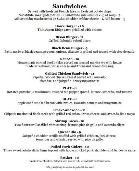 Menu at Timbers Restaurant, Cuchara, 23 Cuchara Ave