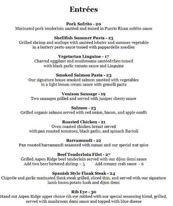 Menu at Timbers Restaurant, Cuchara, 23 Cuchara Ave