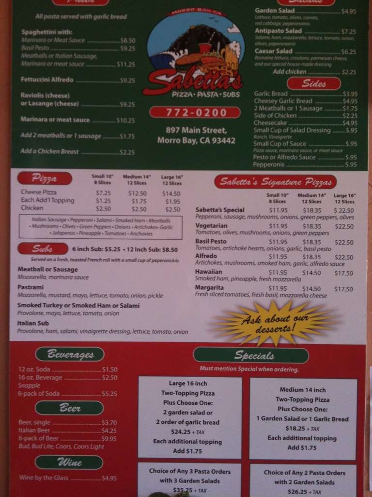 Menu at Sabetta's Pizza & Pasta pizzeria, Morro Bay